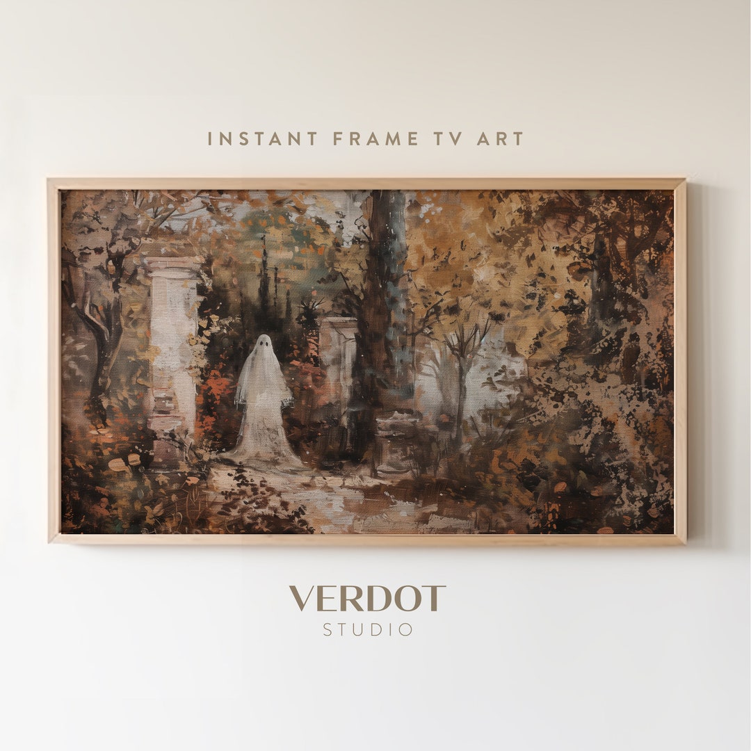 Halloween Ghost Frame TV Art, Creepy Landscape Painting, Vintage Fall ...