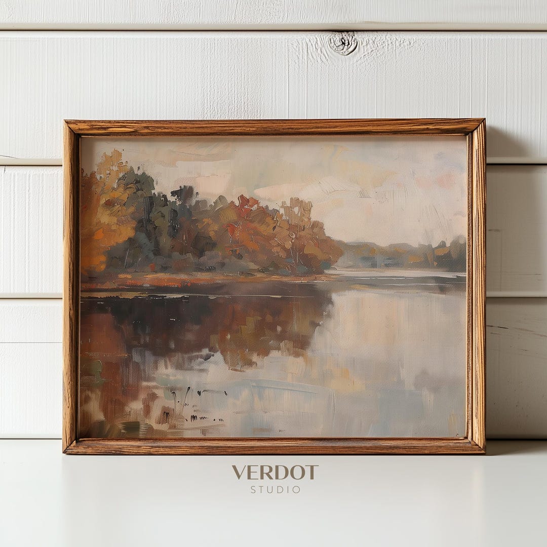 Vintage Fall Lake Painting Print, Fall Decor Printable Wall Art, North ...