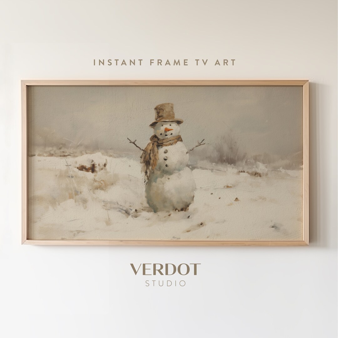Vintage Snowman Christmas Frame Tv Art, Neutral Winter Painting Holiday ...