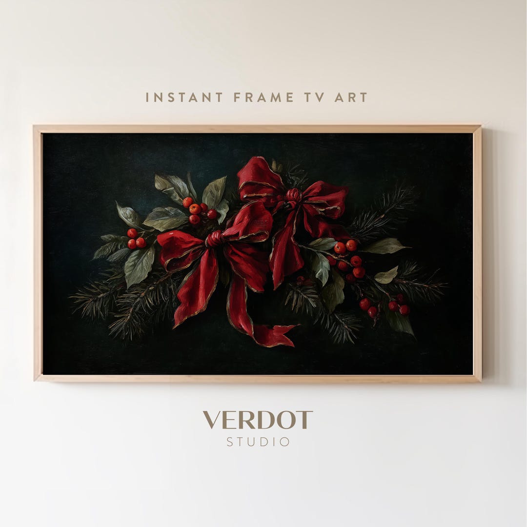 Dark Red Christmas Frame Tv Art: Classic Ribbon Berry Evergreen Holiday ...