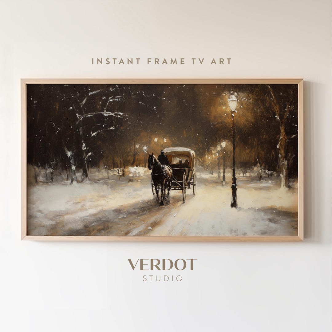 Vintage Christmas Winter Frame Tv Art, Neutral Holiday Night Horse ...