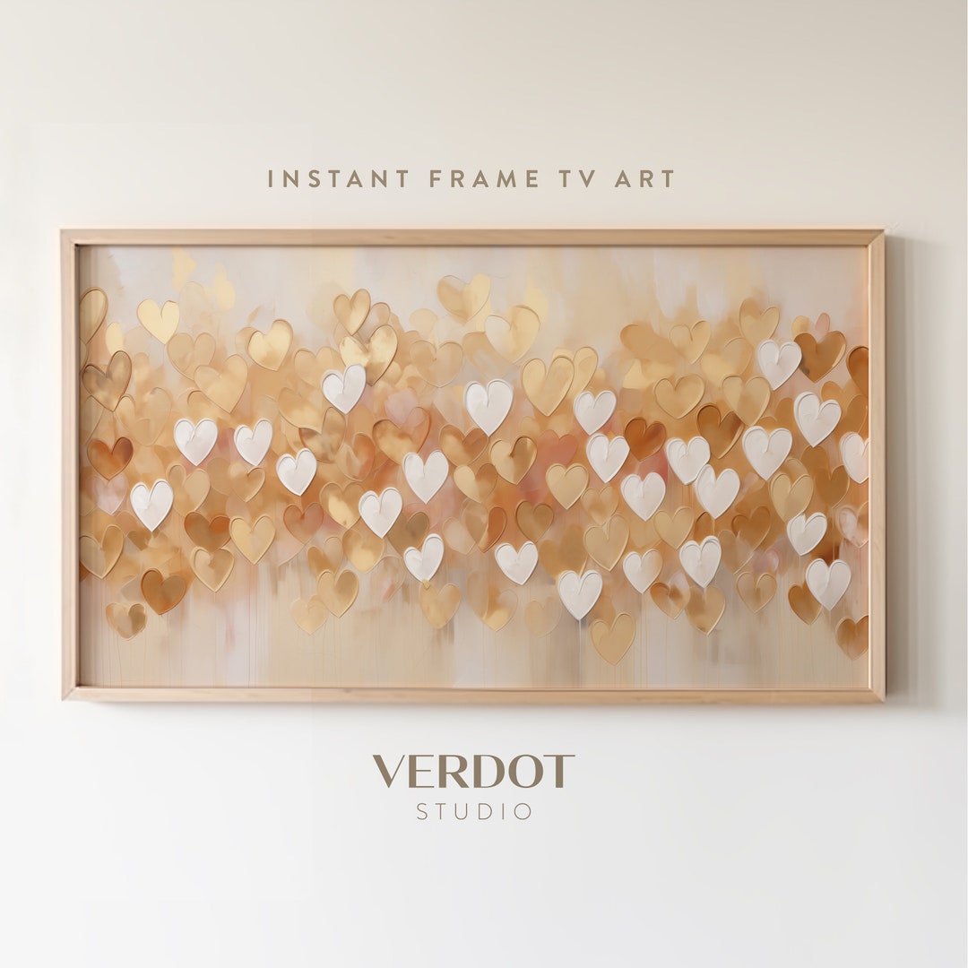 Valentines Day Frame TV Art, Gold and White Hearts Abstract Oil ...