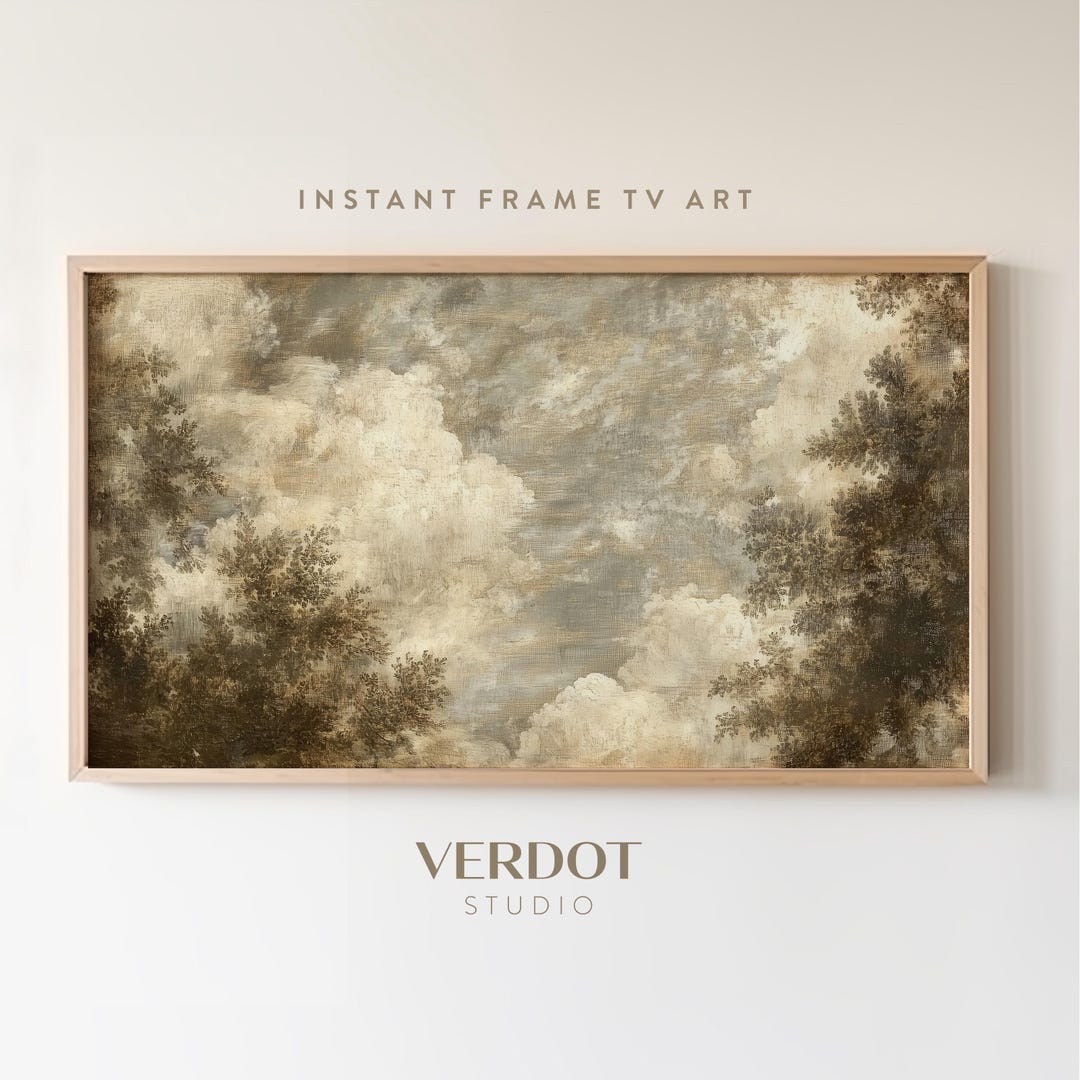 Cloudy Sky Tree Spring Frame TV Art, Vintage Sky Painting, Rustic ...