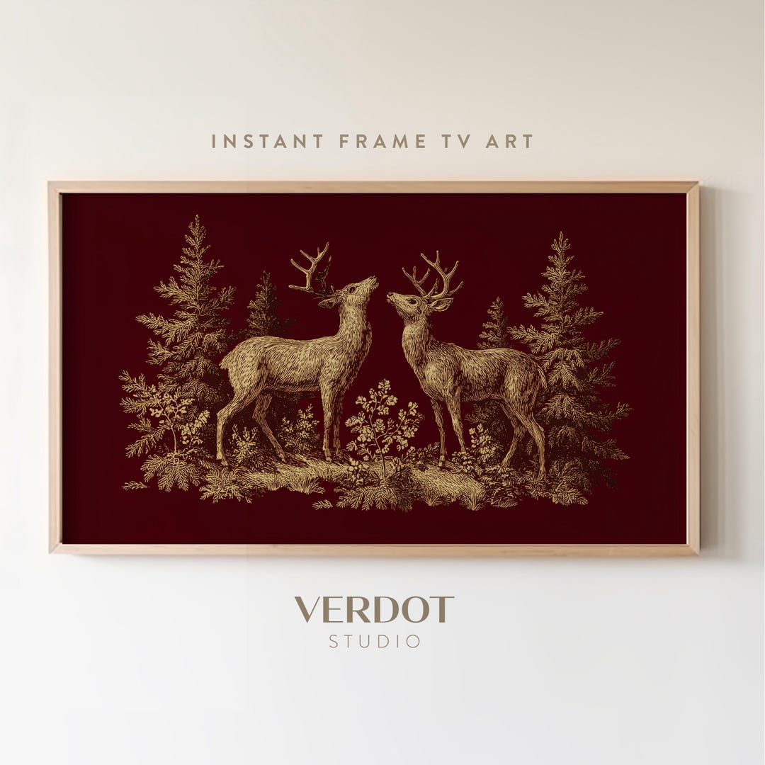 Dark Red Christmas Frame Tv Art: Vintage Deer Holiday Digital ...