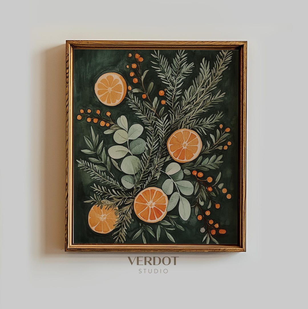 Vintage Botanical Christmas Print, Christmas Decor, Orange Citrus ...
