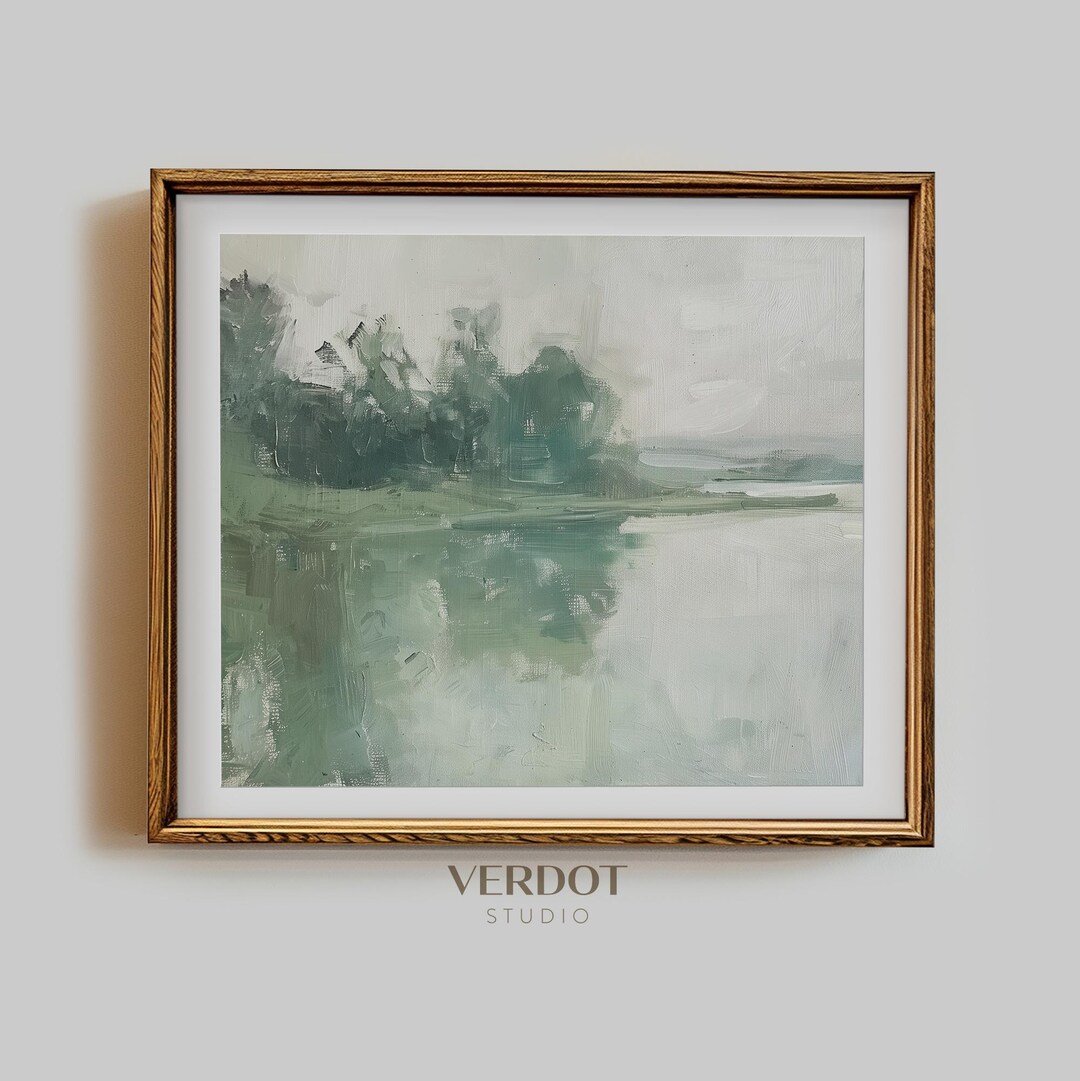 Green Abstract Landscape Painting, Calm Summer Lake Print, Spring ...