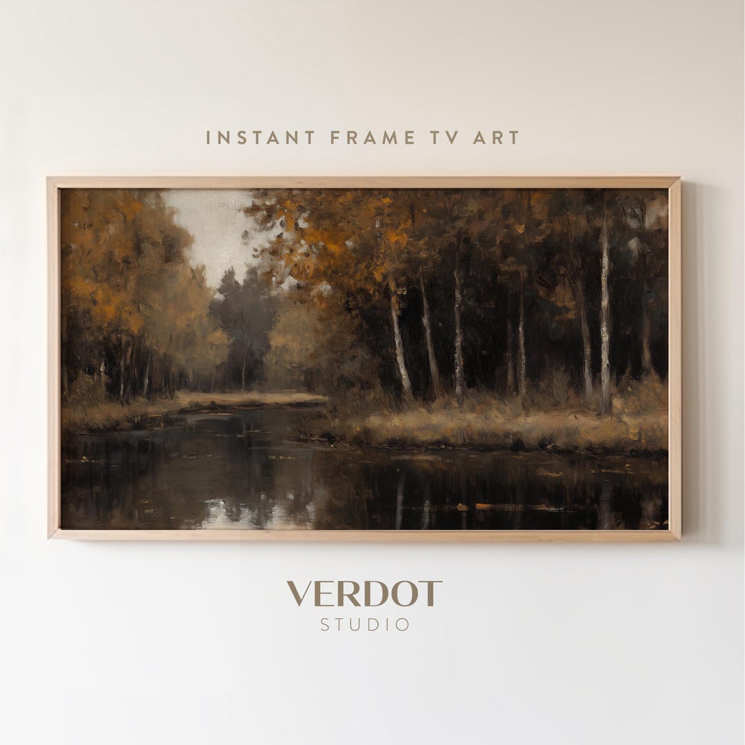 Autumn Tree River Frame TV Art, Vintage Dark Moody Landscape Painting ...