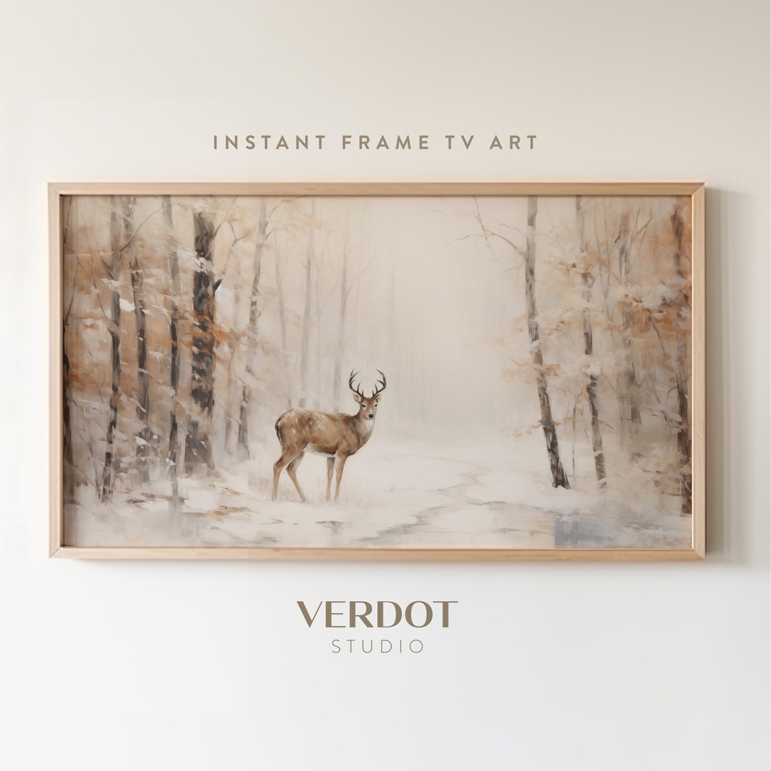 Deer in Forest Winter Christmas Frame Tv Art, Winter Landscape Frame Tv ...