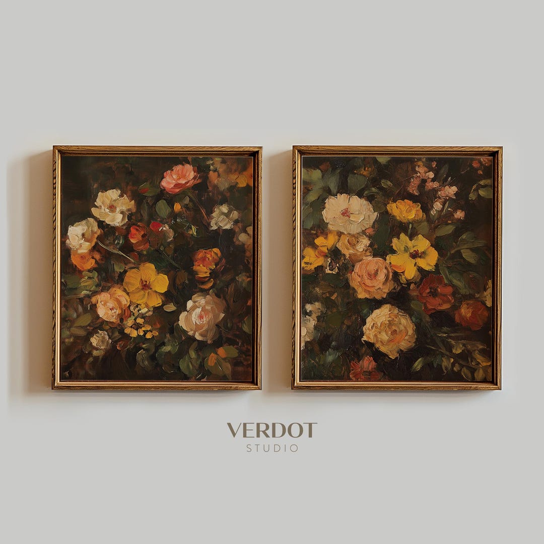 Vintage Fall Floral Print Set of Two, Dark Autumn Flower Painting ...