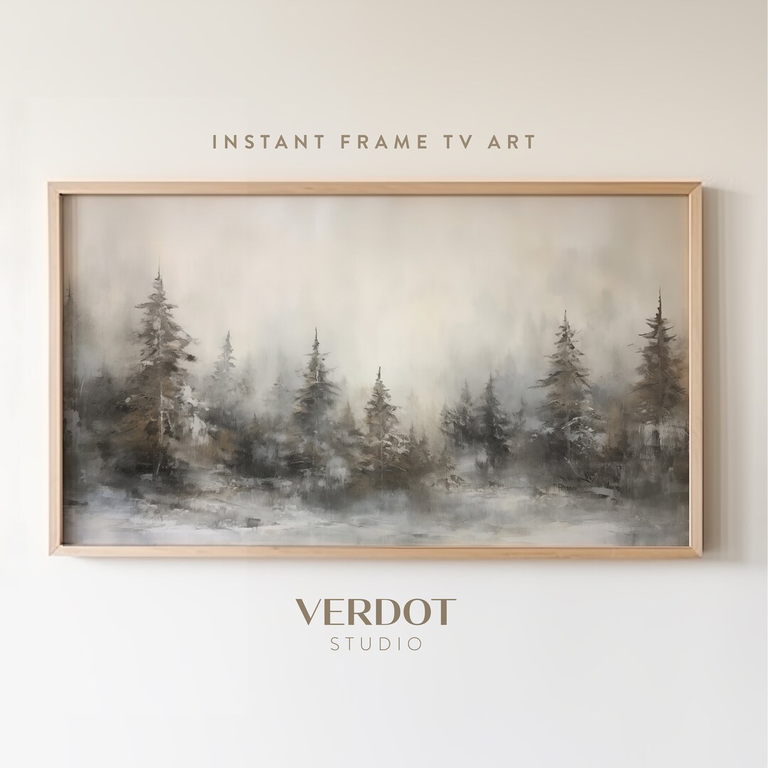 Moody Winter Forest Landscape Frame TV Art, Rustic Vintage Christmas ...