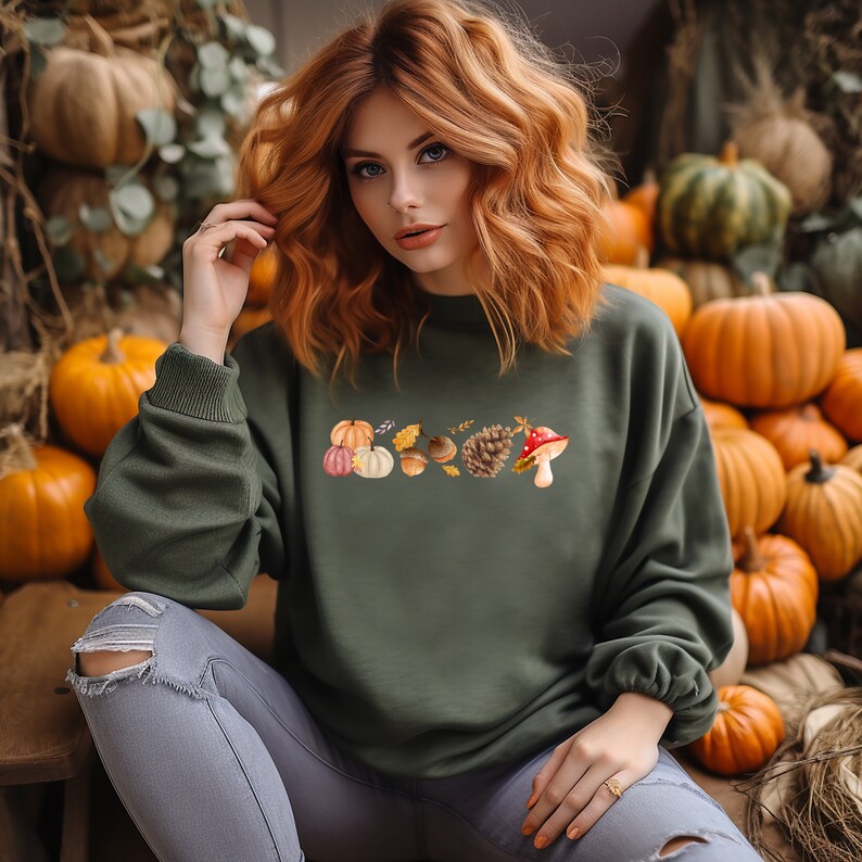 Sweater Fall Leaves With Pumpkins and Mushrooms, Autumn Hoodie, Pumpkin ...