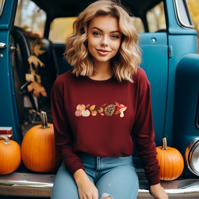 Sweater Fall Leaves With Pumpkins and Mushrooms, Autumn Hoodie, Pumpkin ...