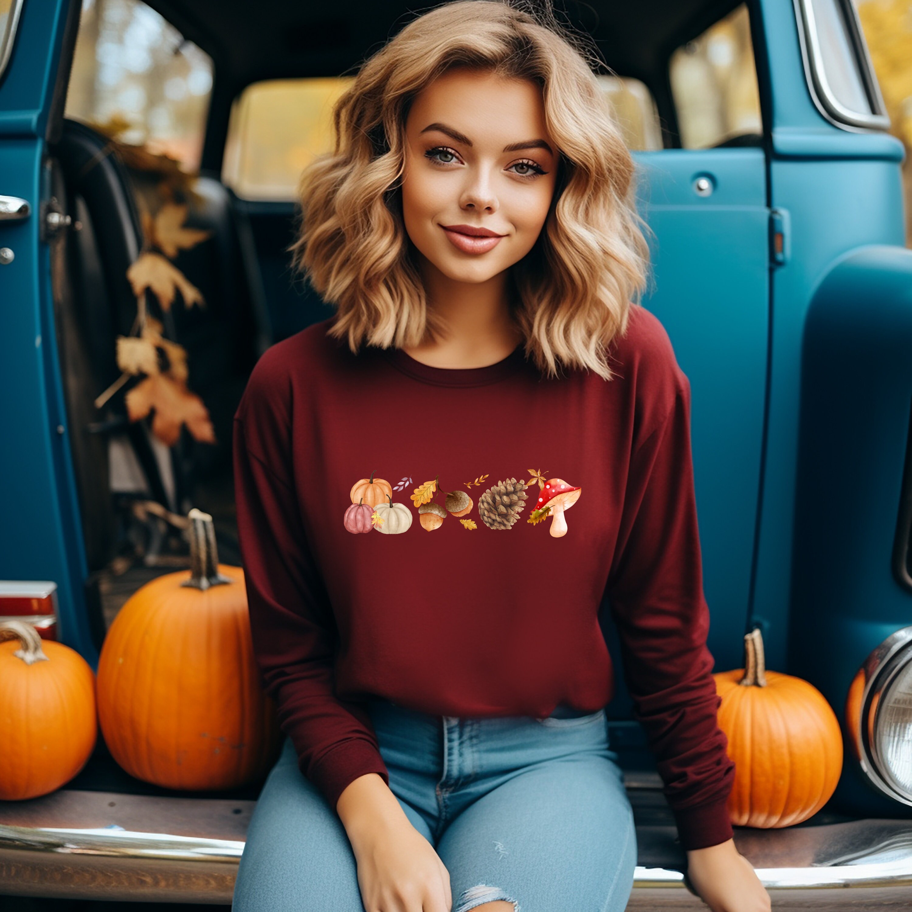 Sweater Fall Leaves With Pumpkins and Mushrooms, Autumn Hoodie, Pumpkin ...