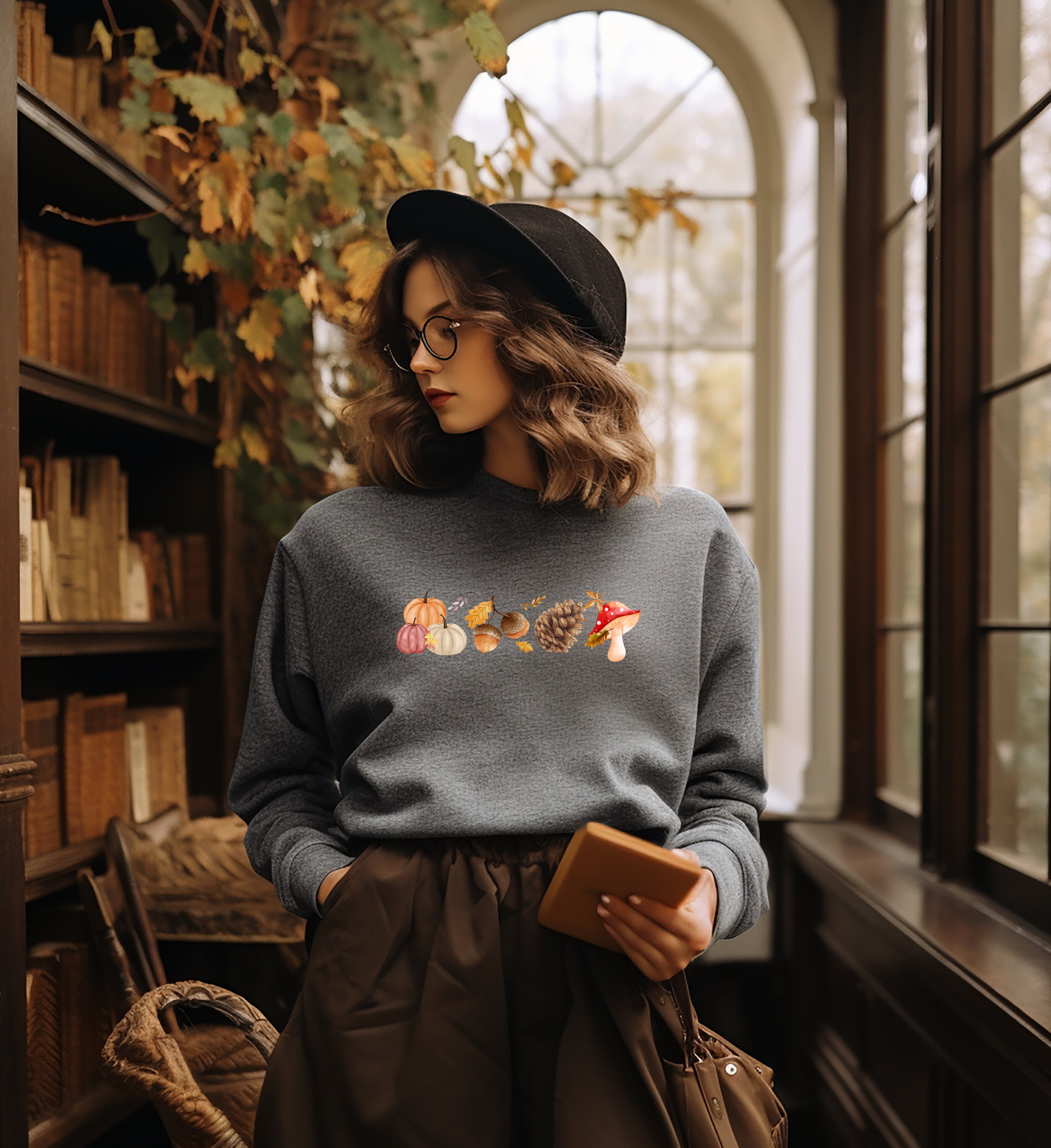 Sweater Fall Leaves With Pumpkins and Mushrooms, Autumn Hoodie, Pumpkin ...