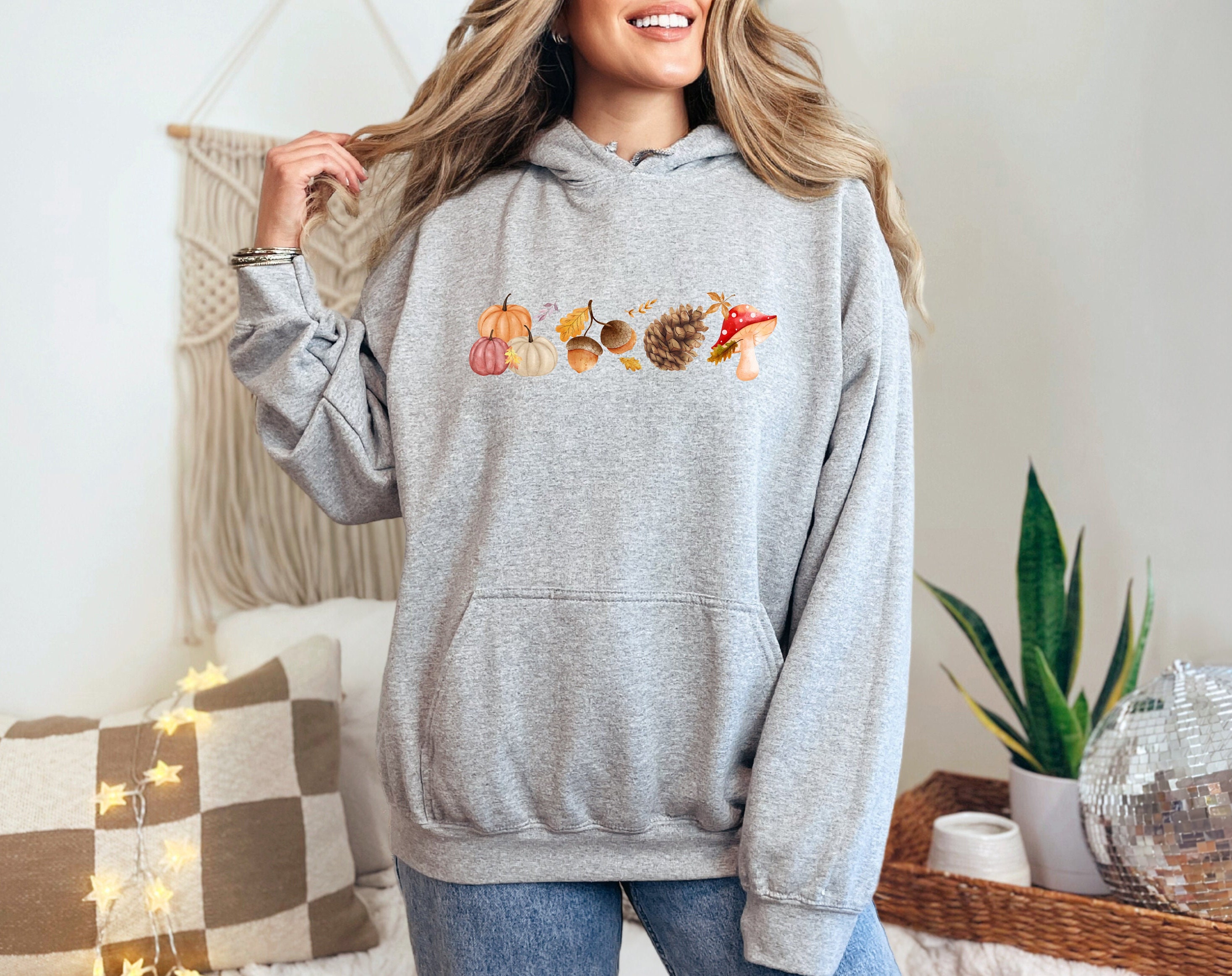 Sweater Fall Leaves With Pumpkins and Mushrooms, Autumn Hoodie, Pumpkin ...