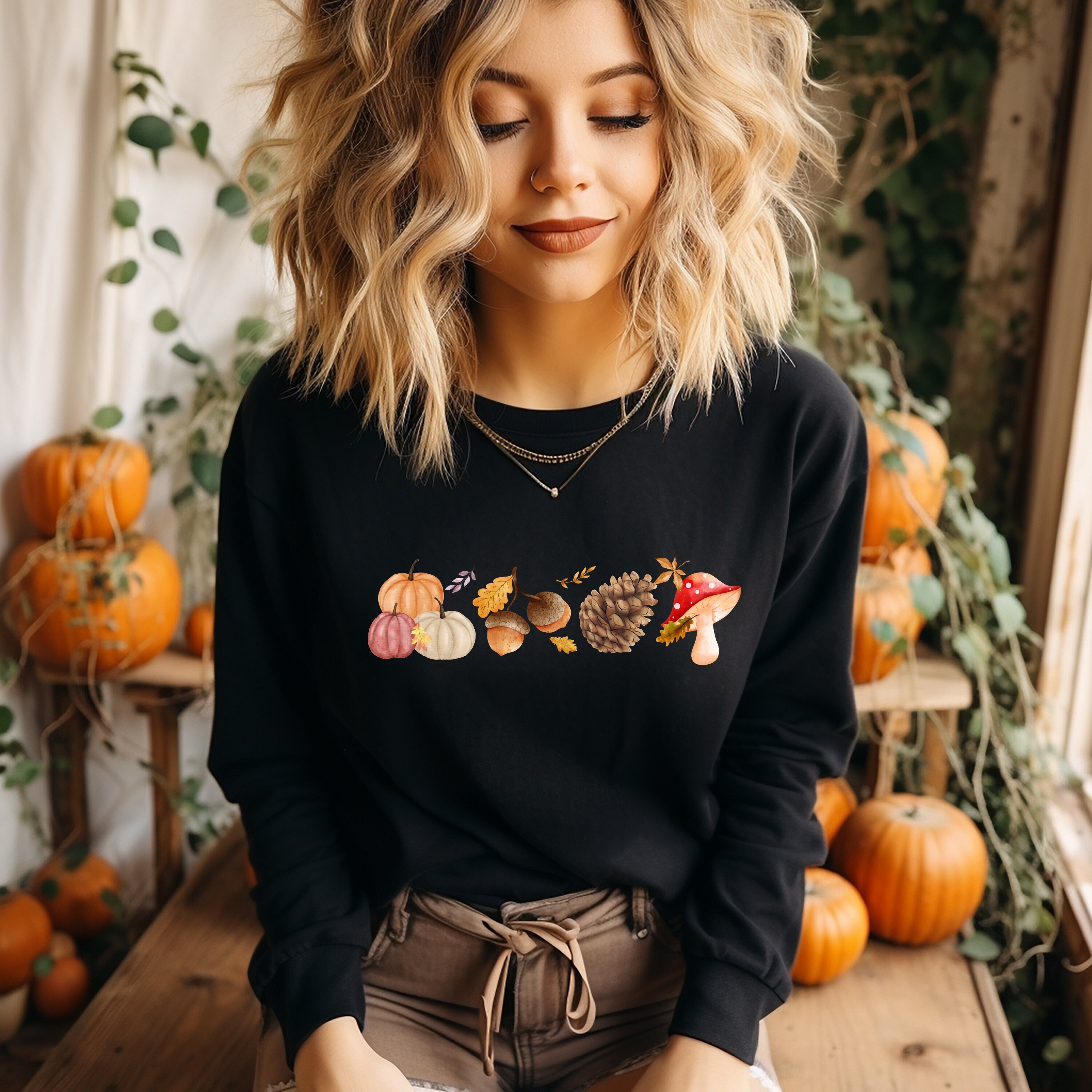 Sweater Fall Leaves With Pumpkins and Mushrooms, Autumn Hoodie, Pumpkin ...
