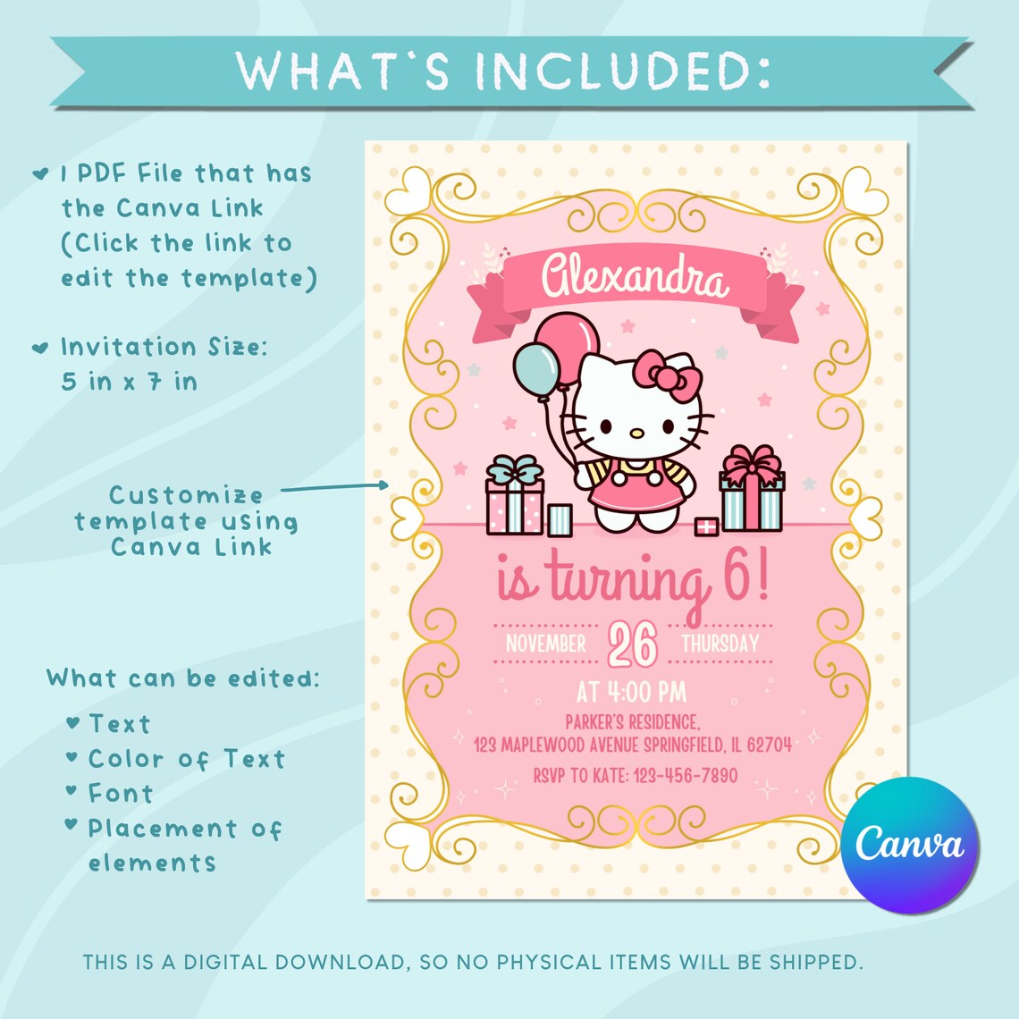 Kawaii Kitty Editable Invitation Kawaii Kitty and Friends Unicorn Cute ...