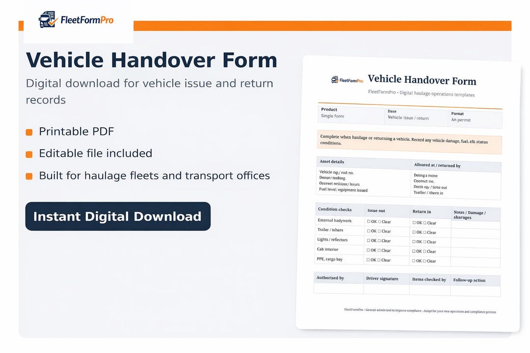 Vehicle Handover Form, Fleet Sign Out Sheet, Editable PDF (digital ...