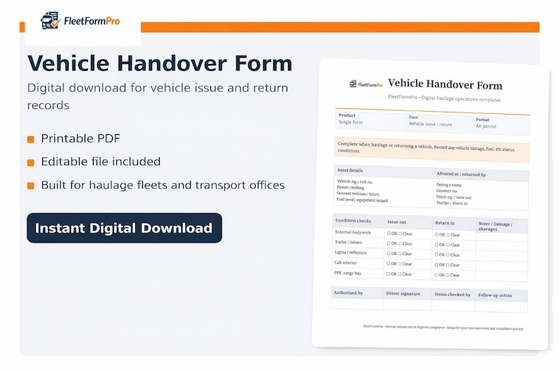 Vehicle Handover Form, Fleet Sign Out Sheet, Editable PDF (digital ...