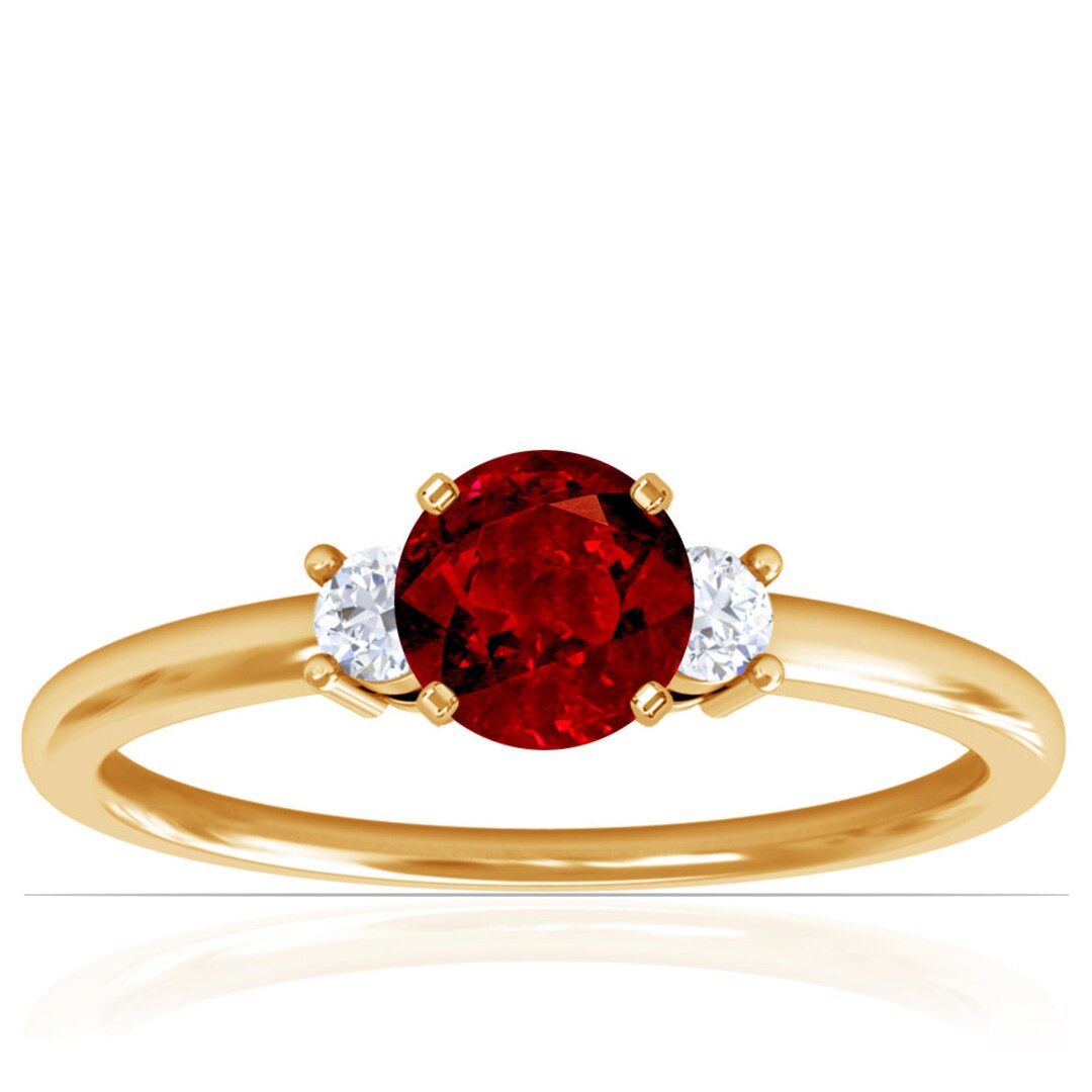 Three Stone Ruby Ring, Natural 5MM Ruby & Diamond Engagement Ring for ...