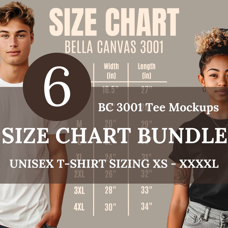 Mockup Size Chart Bundle, Unisex Lifestyle White Tee, Bella Canvas 3001 ...