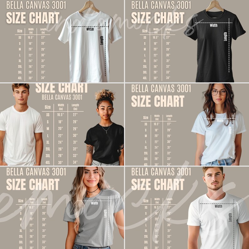 Mockup Size Chart Bundle, Unisex Lifestyle White Tee, Bella Canvas 3001 ...