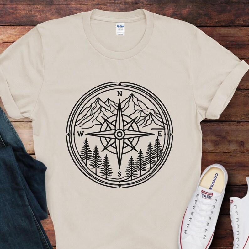 Line Art Compass Forest Trees T-shirt, Nature Lover Shirt, Outdoors ...