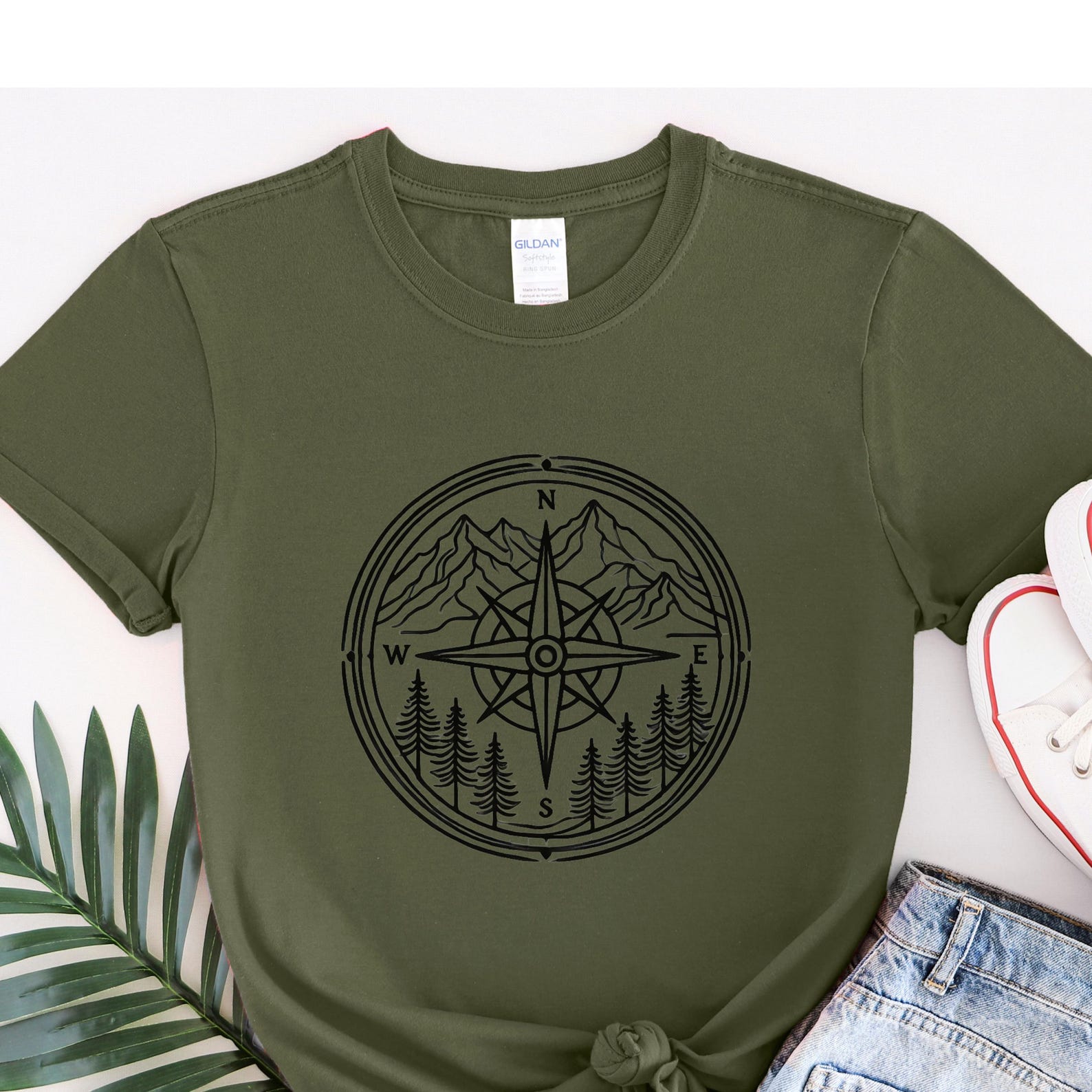 Line Art Compass Forest Trees T-shirt, Nature Lover Shirt, Outdoors ...