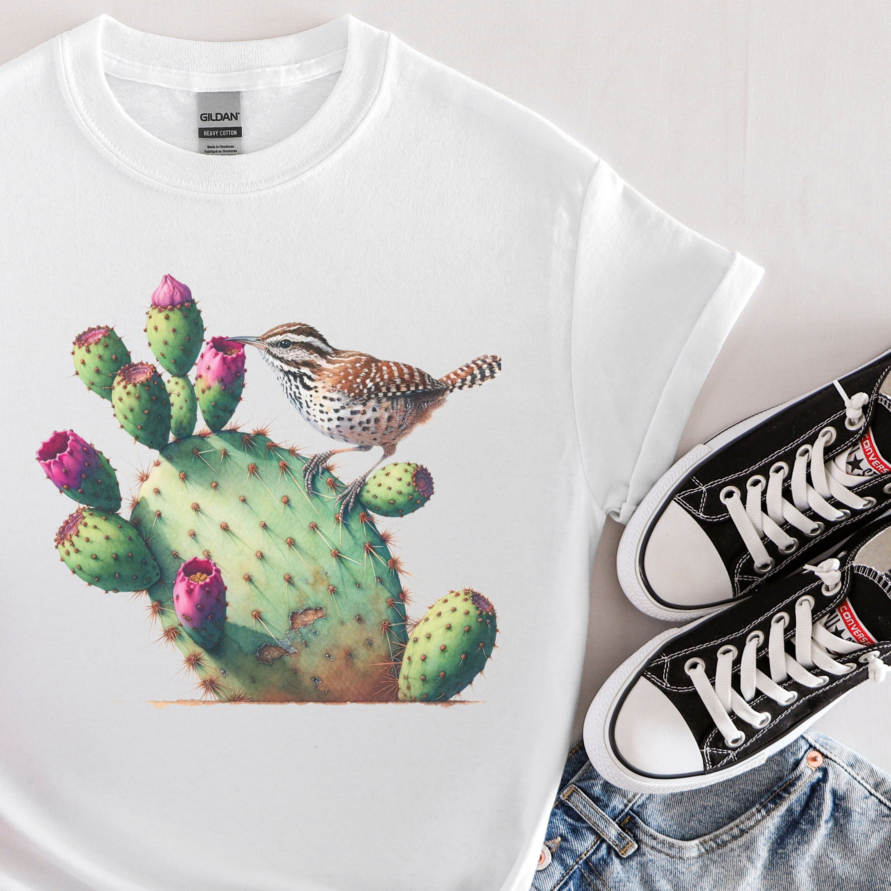 Cactus Wren Watercolor T-shirt, Prickly Pear Bird Art Tee - Etsy