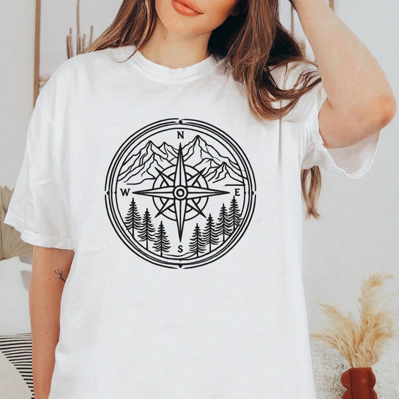 Line Art Compass Forest Trees T-shirt, Nature Lover Shirt, Outdoors ...