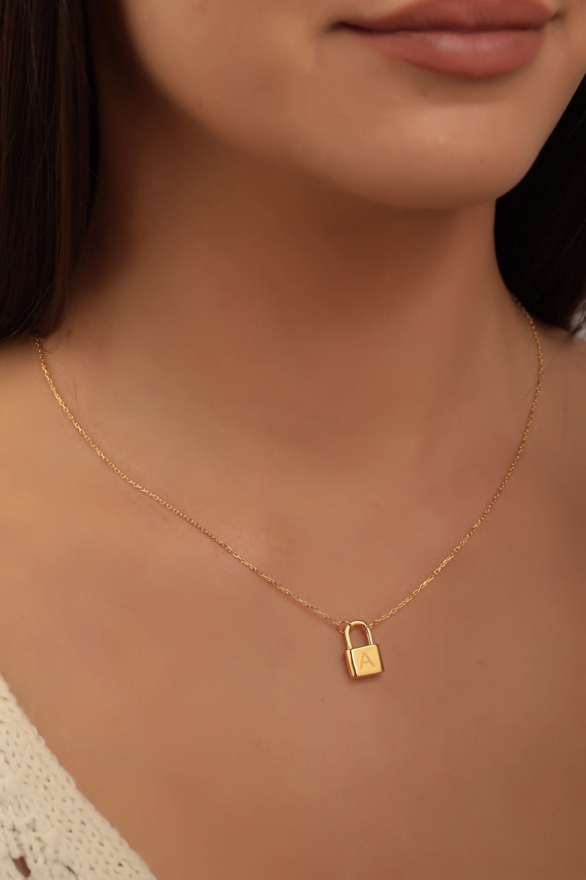 Custom Initial Padlock Necklace 14K Gold Engraved Lock Pendant ...