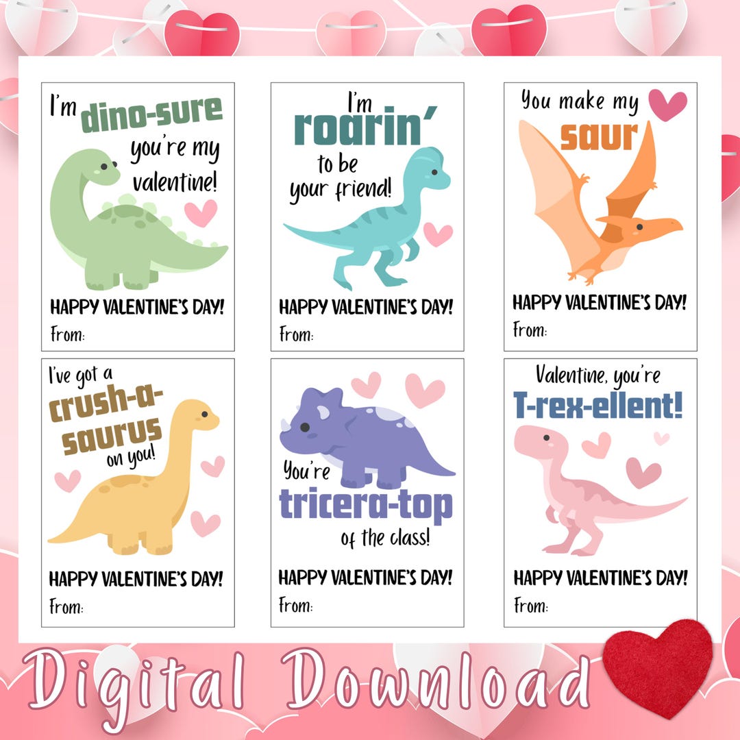 Dinosaur Valentine's Cards, Cute DIY Valentines for Kids, PDF Printable ...