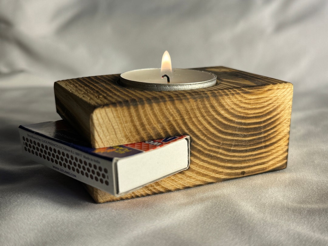 Single Tea Light Wooden Candle Holder With Matches Built In! - Etsy