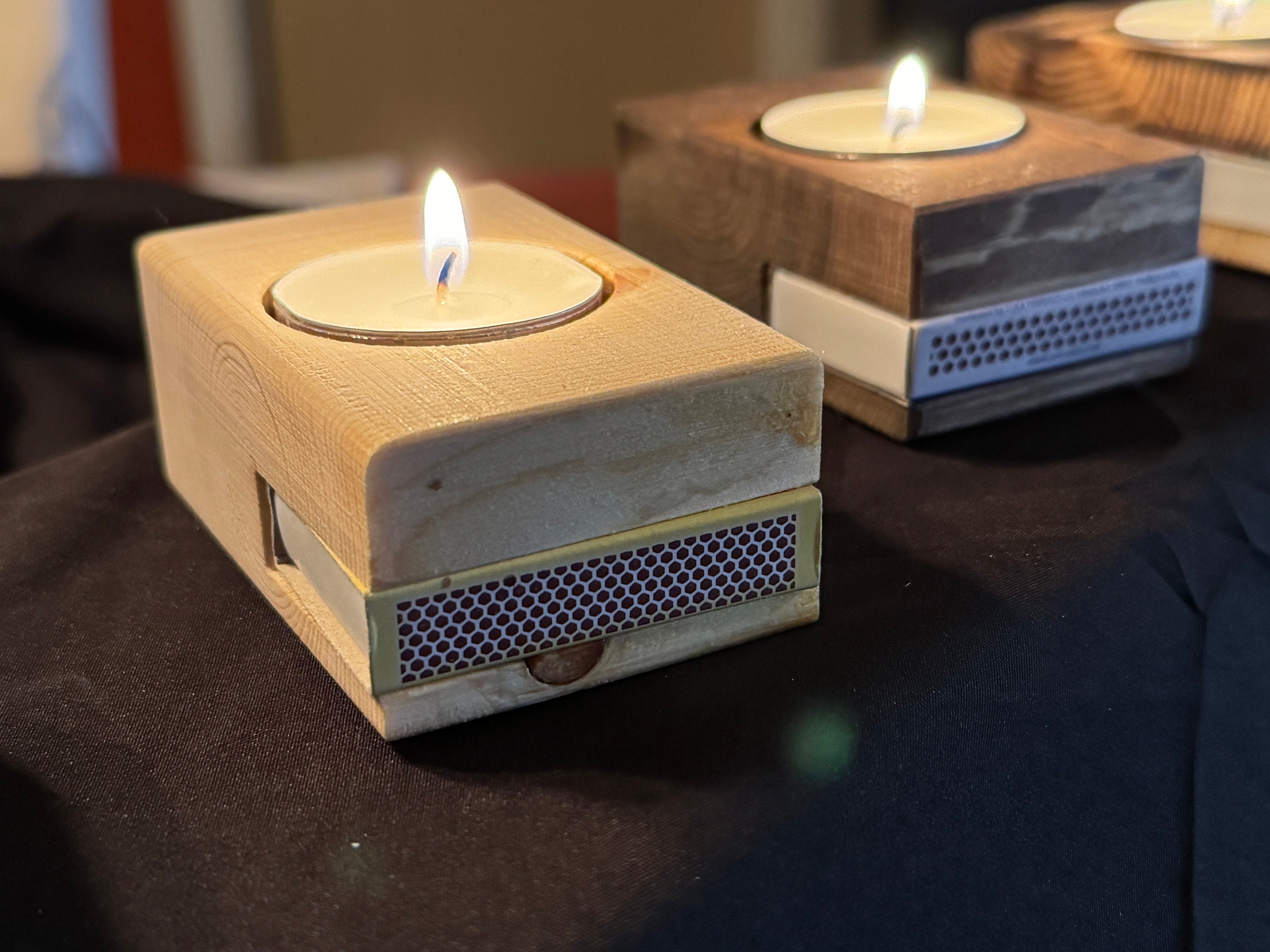 Single Tea Light Wooden Candle Holder With Matches Built In - Etsy