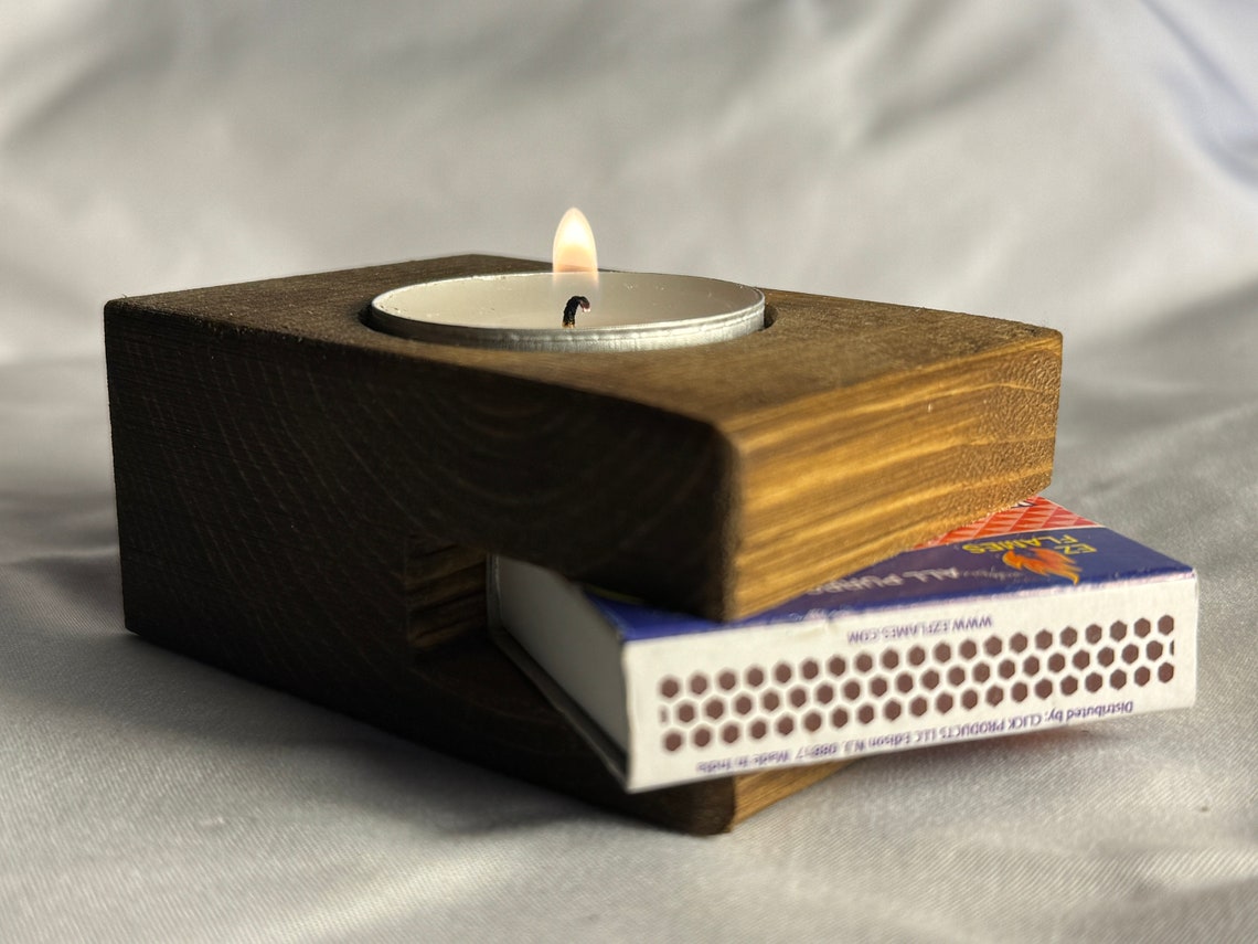 Single Tea Light Wooden Candle Holder With Matches Built In - Etsy