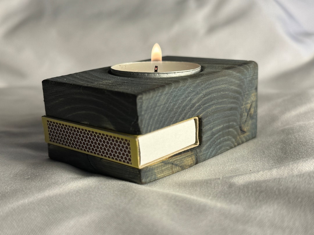 Single Tea Light Wooden Candle Holder With Matches Built In! - Etsy