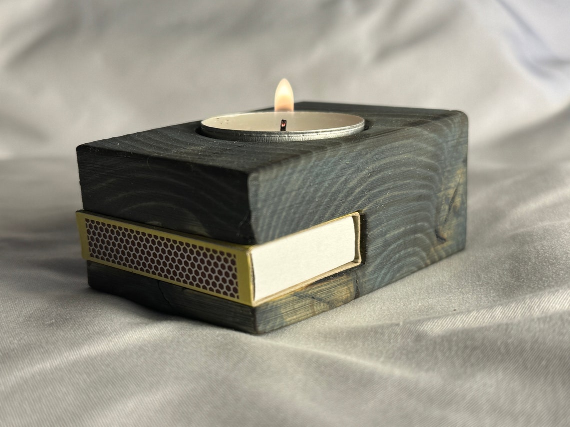 Single Tea Light Wooden Candle Holder With Matches Built In - Etsy