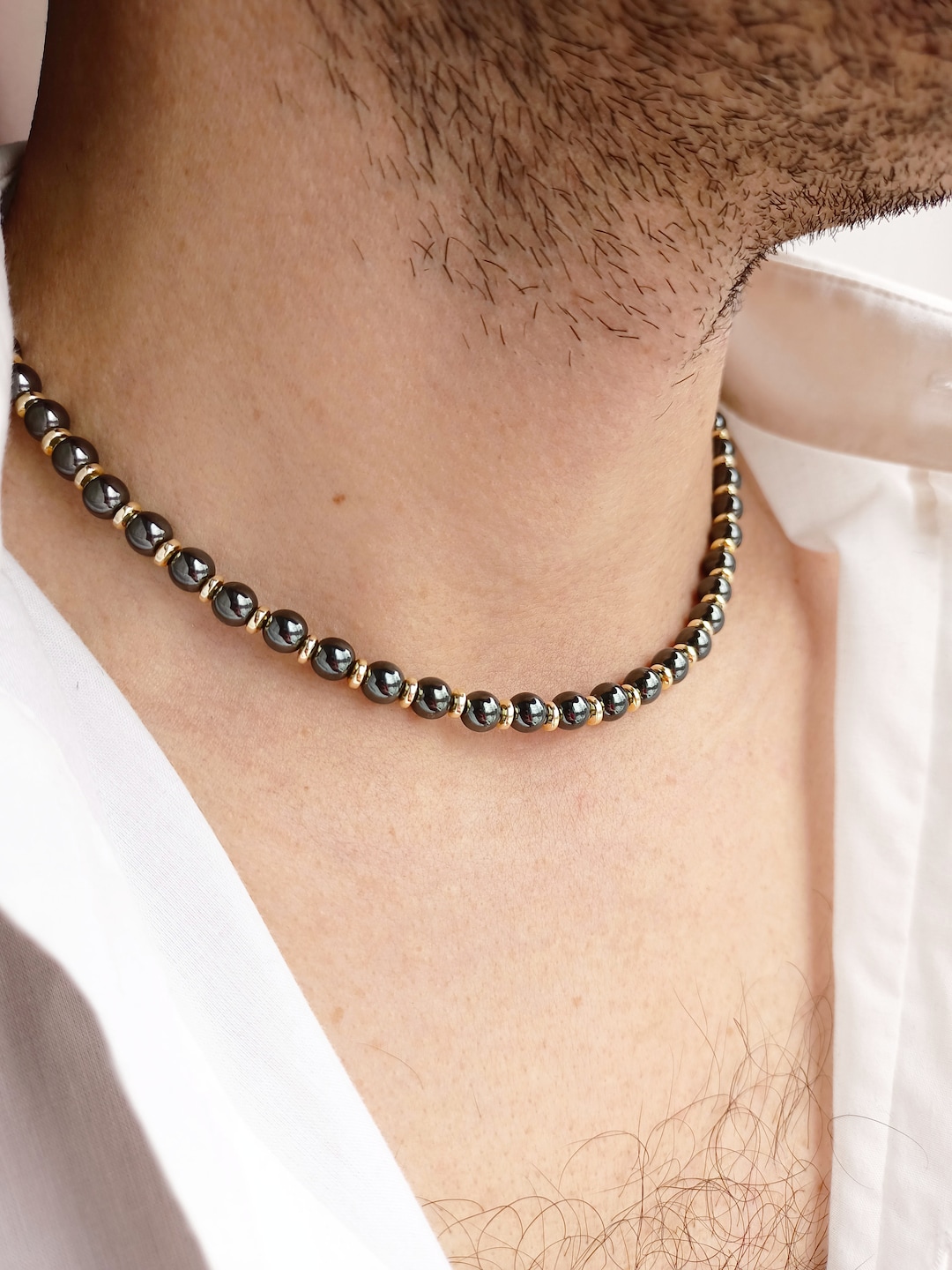 Mens Hematite Necklace,y2k Gold Gemstone Choker,mens Beaded Necklace ...