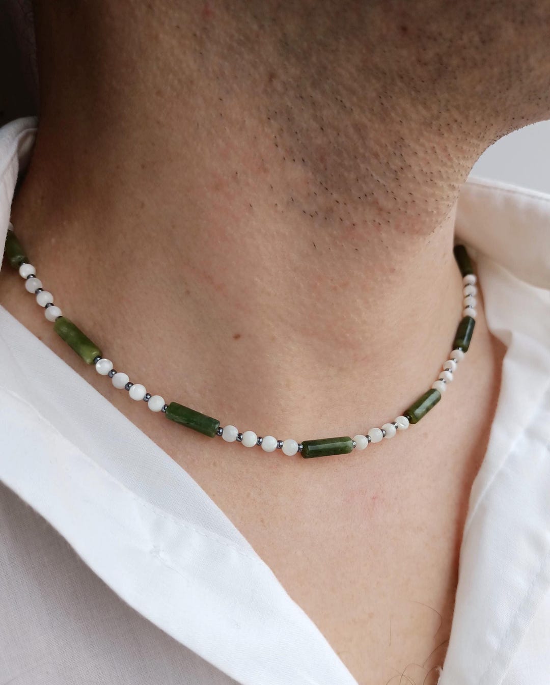 Mens Jade Necklace,streetwear Mother of Pearl Choker,beach Beaded ...