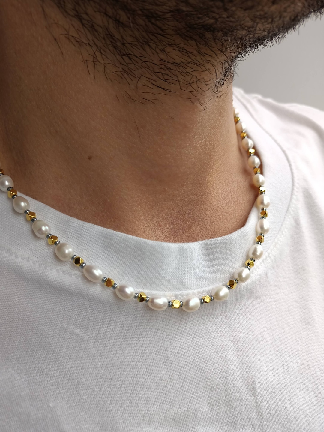 Mens Pearl Necklace,gold Real Pearl Choker,y2k Gemstone Beaded Necklace ...