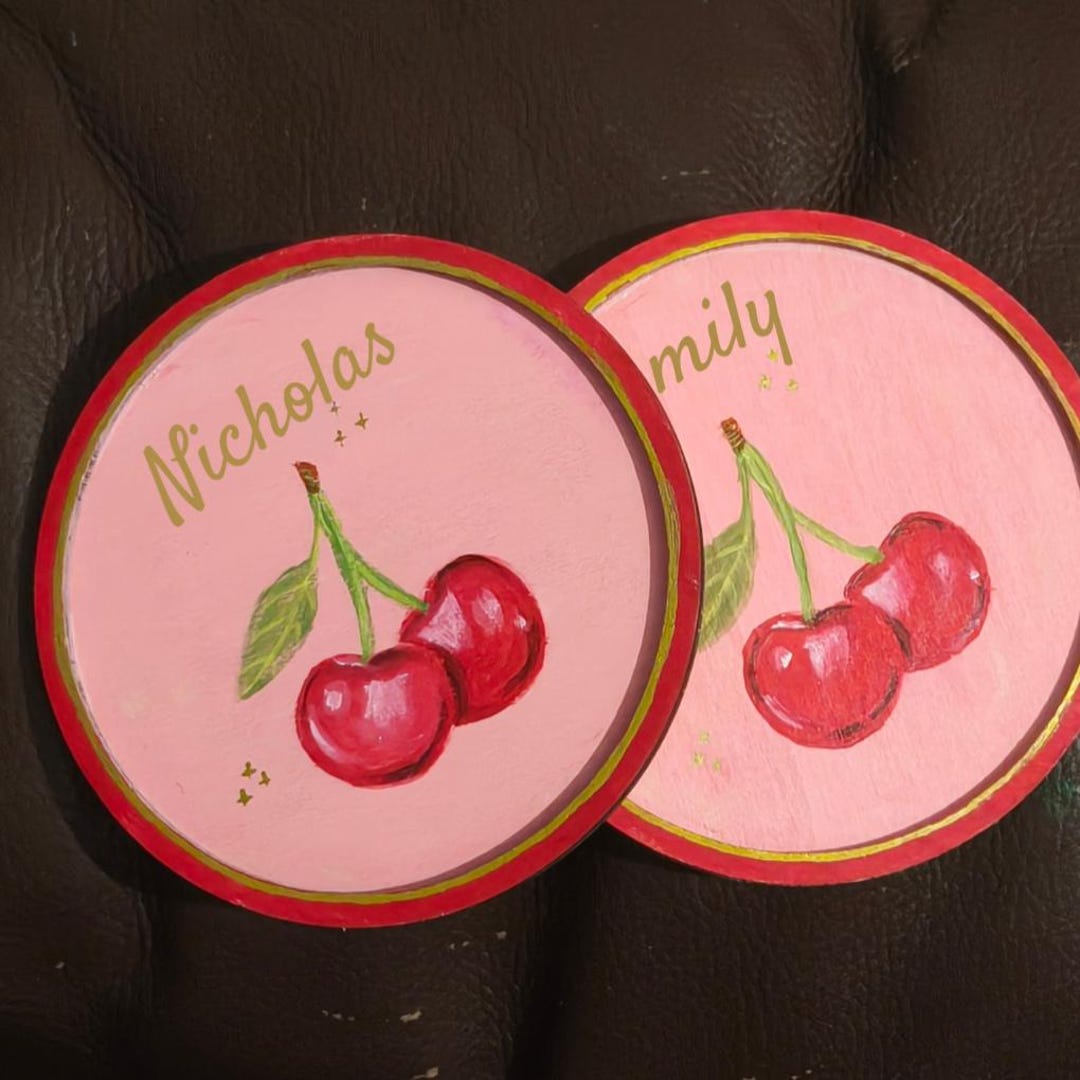 Hand-painted Wooden Cherry Coasters - Pink Coasters With Cherries - Set ...