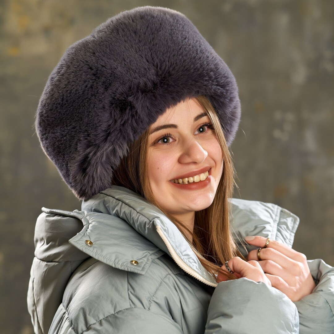 Luxury Gray Faux Fur Hat for Women, Winter Ushanka Hat, Vintage Russian ...
