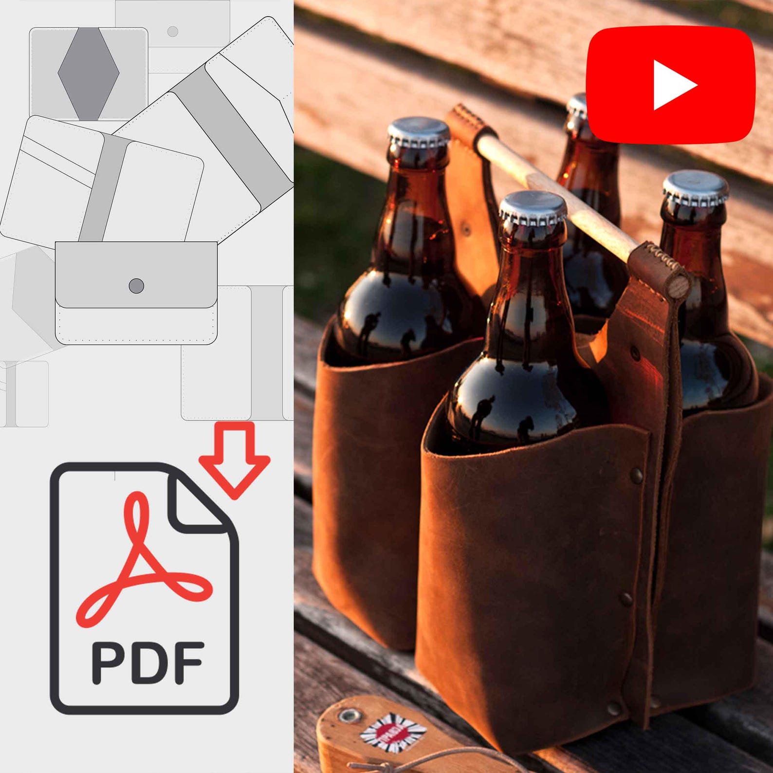 Leather Beer Holder Pattern, Handmade Beer Bag Templates, Beer Leather ...