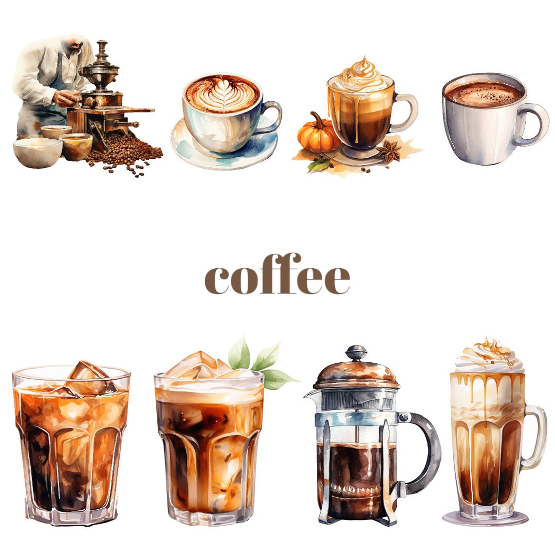 20 Watercolor Coffee Clipart, Drinks Clipart, Espresso, Coffee Sticker ...