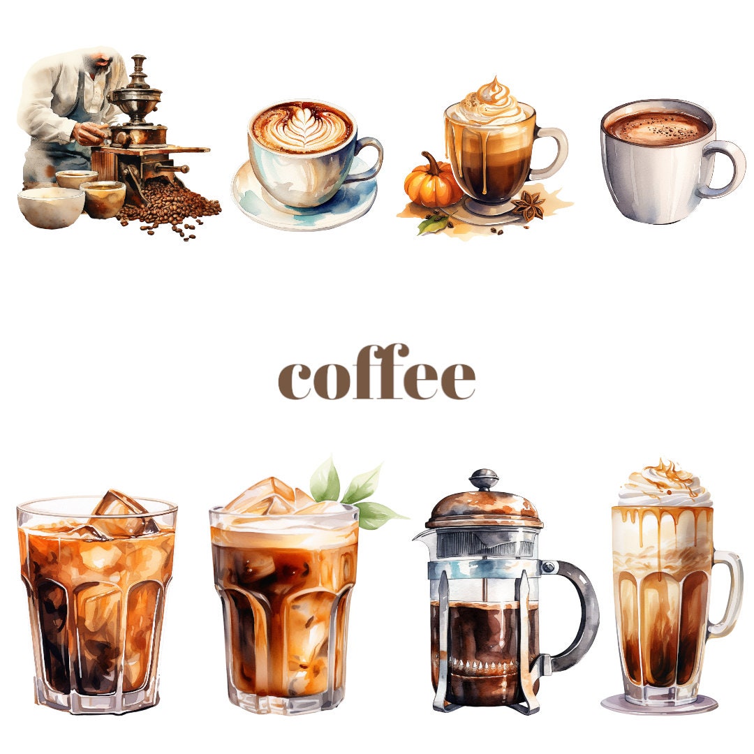 20 Watercolor Coffee Clipart, Drinks Clipart, Espresso, Coffee Sticker ...