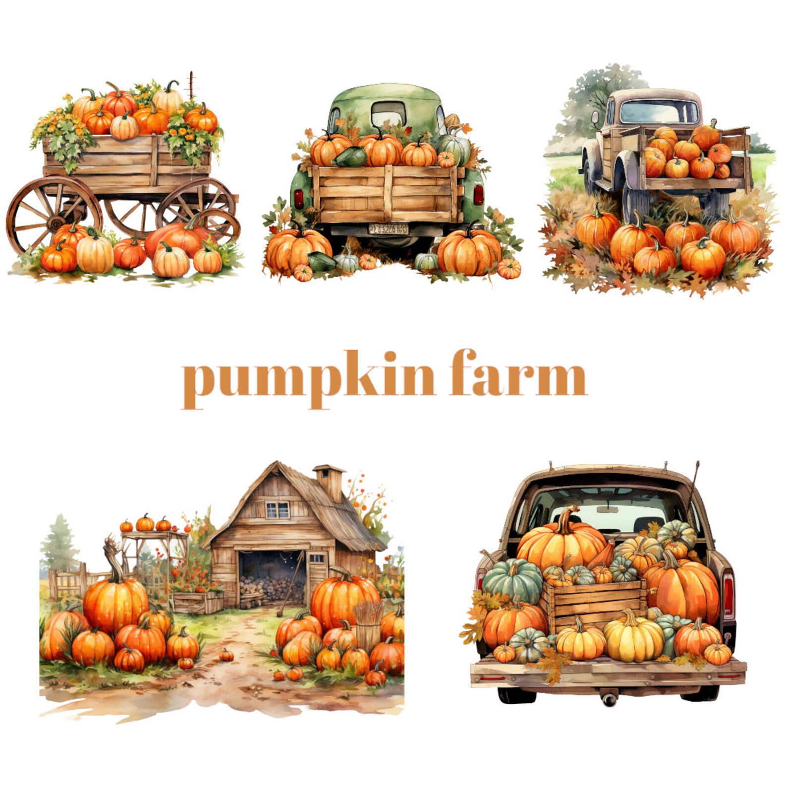 10 Pumpkin Autumn Farm Clipart Watercolor PNG Clip Art, Pumpkin Clipart ...