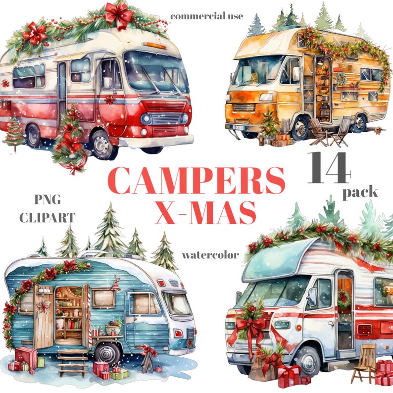 35 Christmas Campers Watercolor Clipart, Christmas Adventure Campers ...