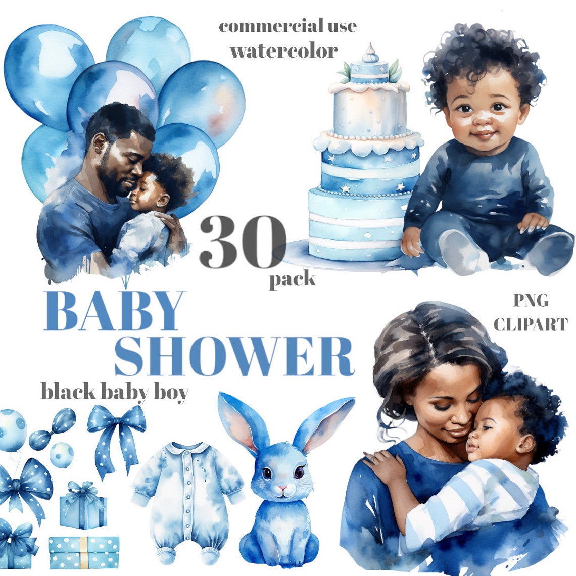 30 Watercolor African American Baby Shower Clipart, Black Baby Boy ...