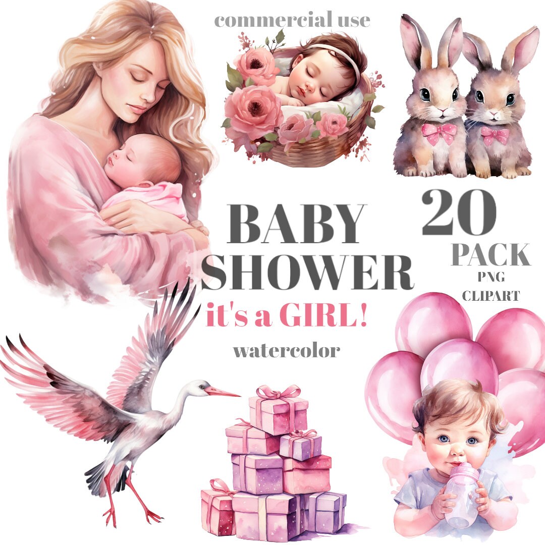 20 Baby Girl Bundle, Watercolor Clipart, Baby Shower, Newborn Baby ...