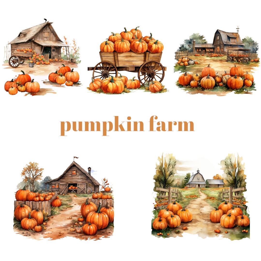 10 Pumpkin Autumn Farm Clipart Watercolor PNG Clip Art, Pumpkin Clipart ...